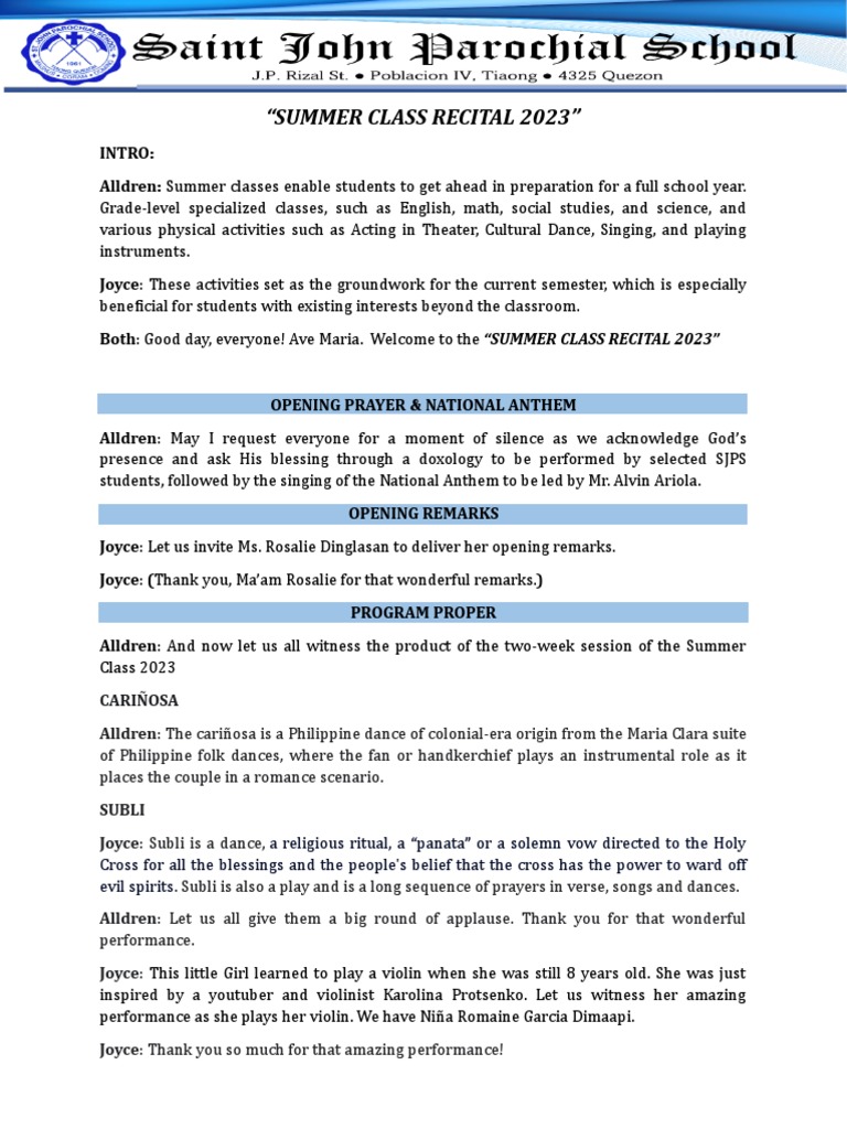 Summer Class Recital 2023 Script | PDF