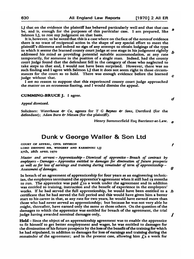 Dunk V George Waller & Son LTD (1970) 2 All ER 630 | PDF