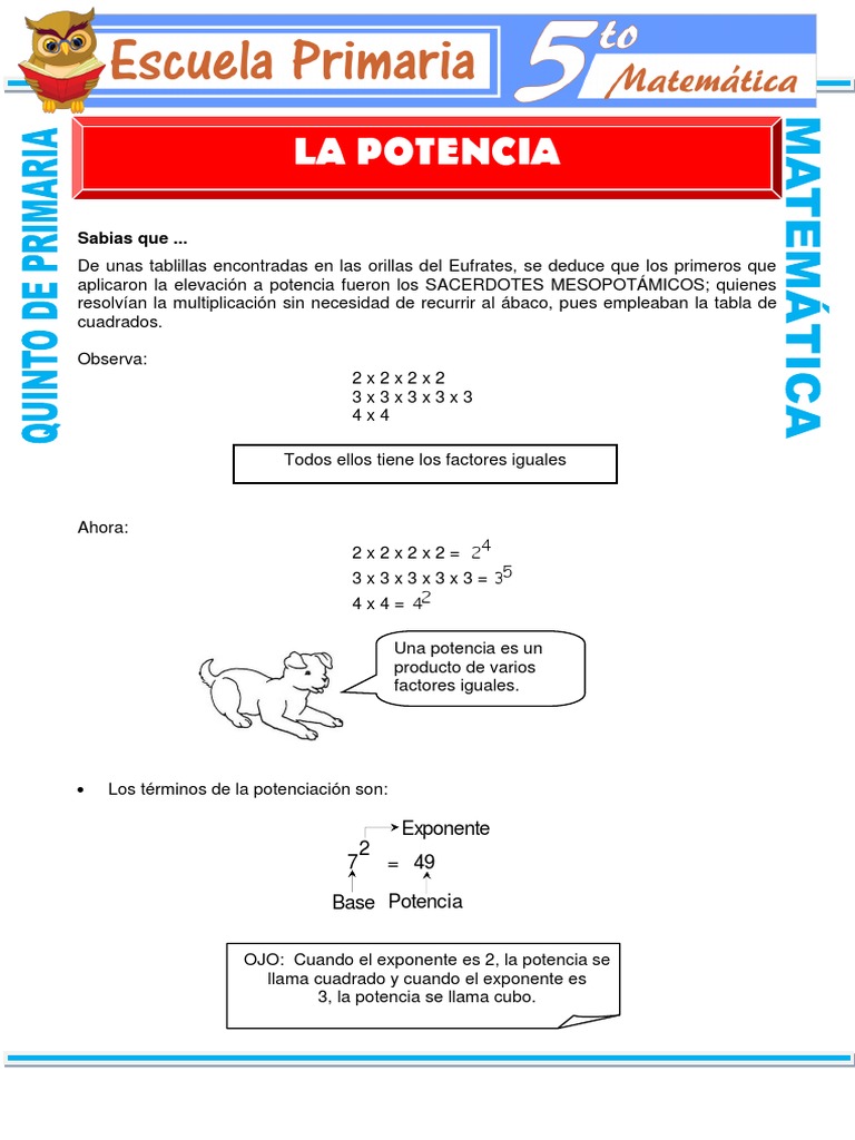 Potenciación para Quinto de Primaria | PDF
