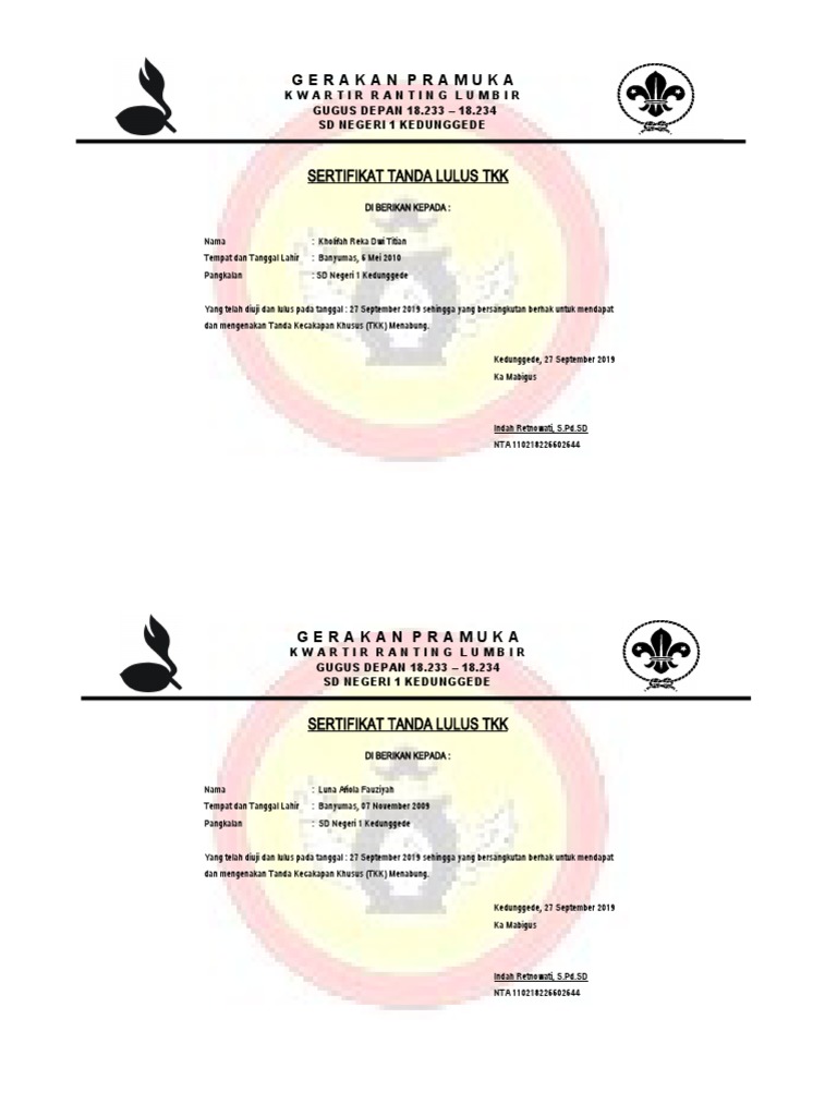 Sertifikat TKK Menabung Papi | PDF