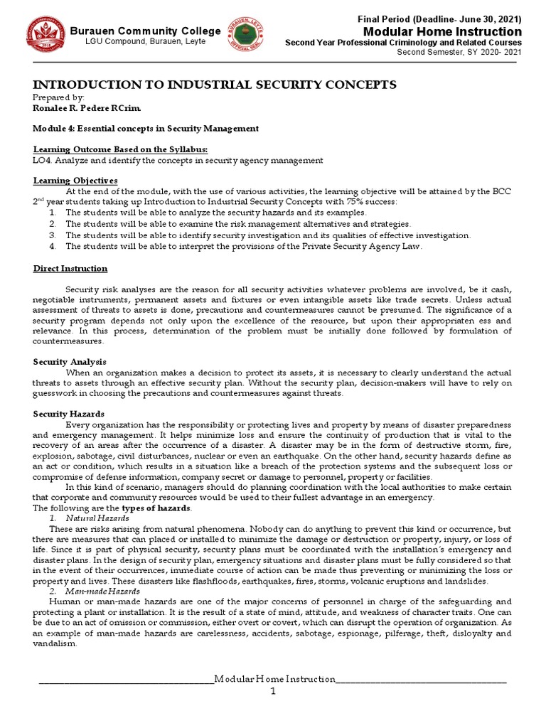 Module-In-Lea-3-Finals 4 Industrial Security Concept | PDF | Security Guard | Risk