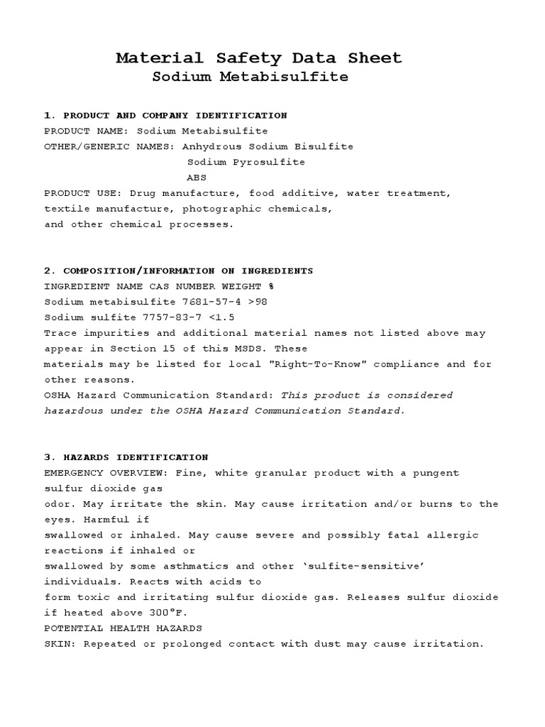 MSDS-Sodium Metabisulfite | PDF | Chemical Compounds | Chemistry