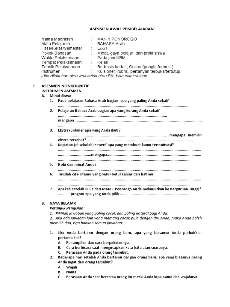 Contoh Asesmen Awal Pembelajaran | PDF | Seni & Disiplin Bahasa