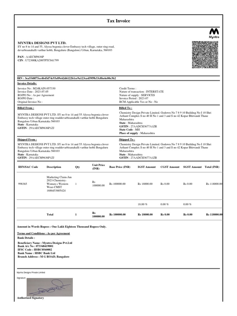 Tax Invoice for Myntra Designs Pvt Ltd | PDF | Payments | Economy Of India