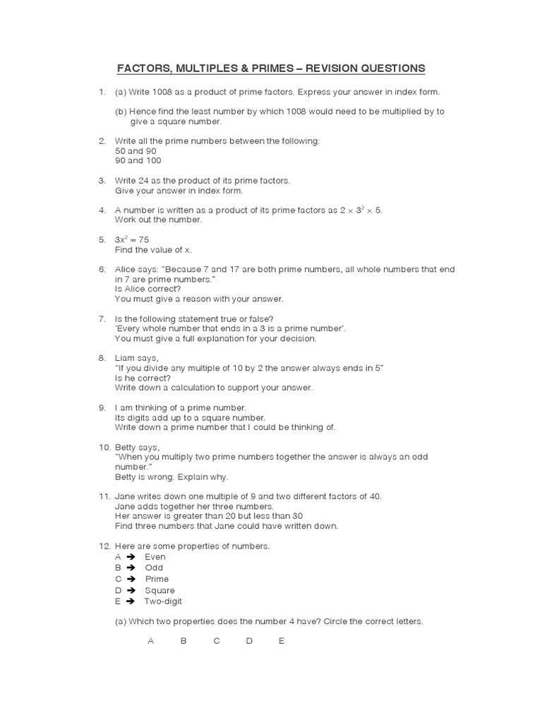 Factors Multiples Primes Revision Questions Pdf