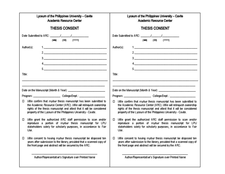 Thesis Consent Form | PDF | Thesis | Manuscript