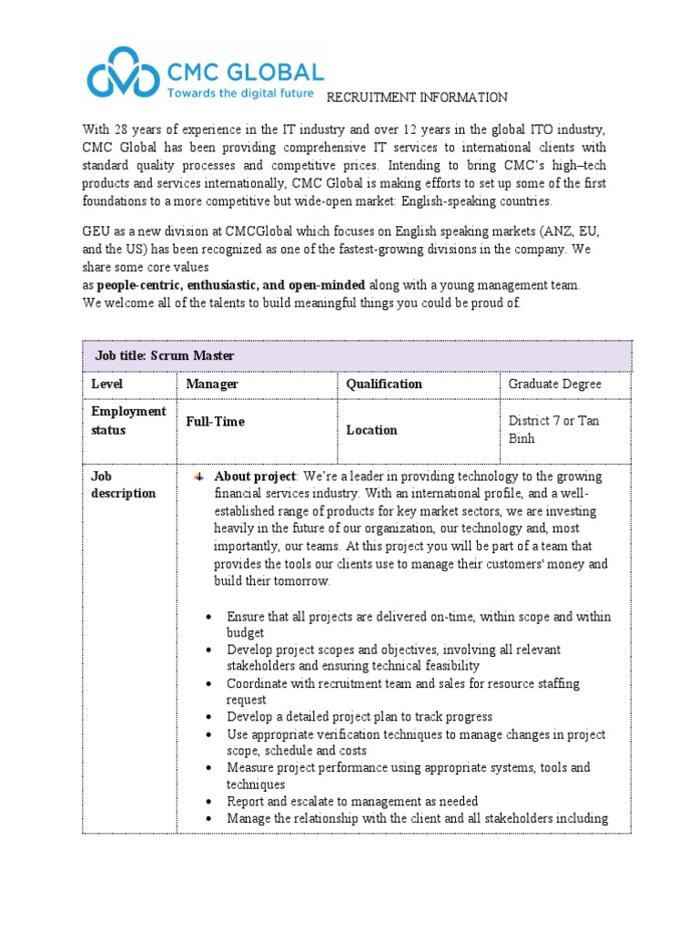 CMC Global GEU Scrum Master | PDF | Project Management | Scrum (Software Development)