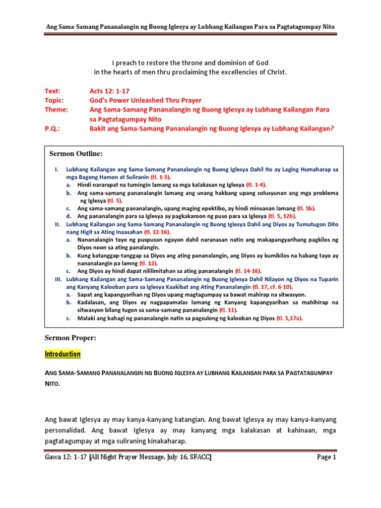 Gawa 12 - 1.17 Ang Sama-Samang Pananalangin NG Buong Iglesya Ay Lubhang Kailangan para Sa ...