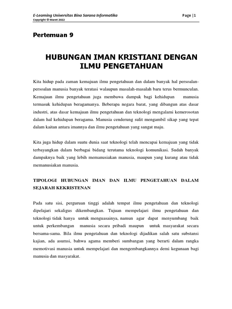 Pertemuan 9 - Hubungan Iman Kristiani Dengan Ilmu Pengetahuan | PDF Pertemuan 9 - Hubungan Iman Kristiani Dengan Ilmu Pengetahuan | PDF