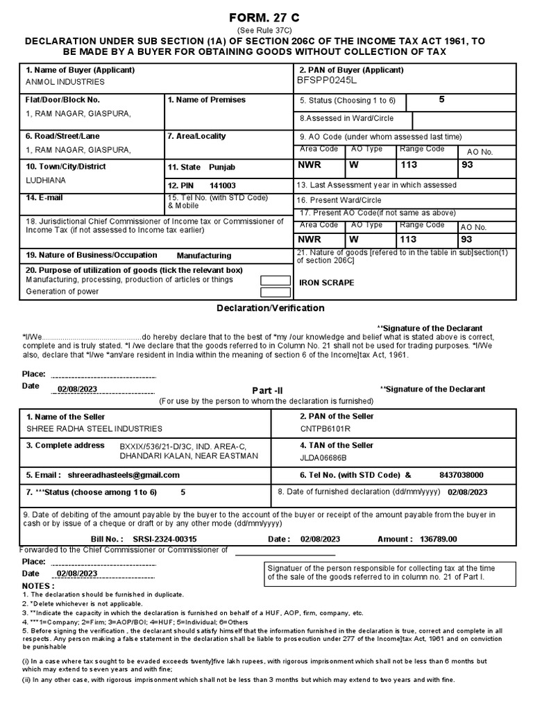 Declaration Under Sub Section (1A) of Section 206C of The Income Tax ...