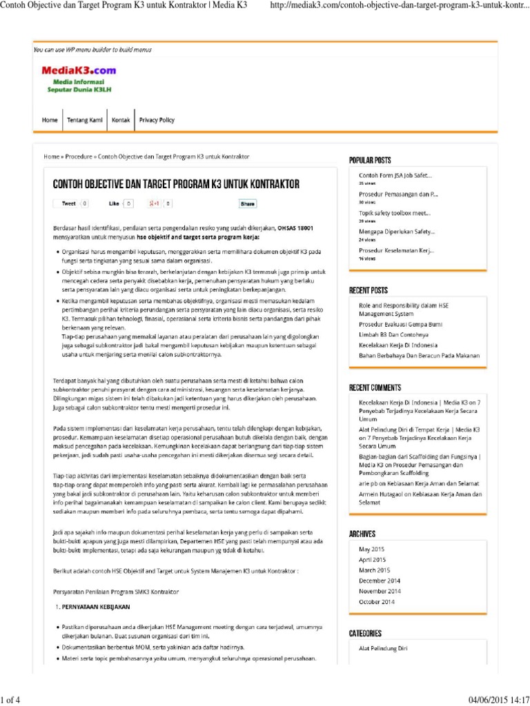 Contoh - Objective Da Target Program Kerja K3 Kontraktor | PDF
