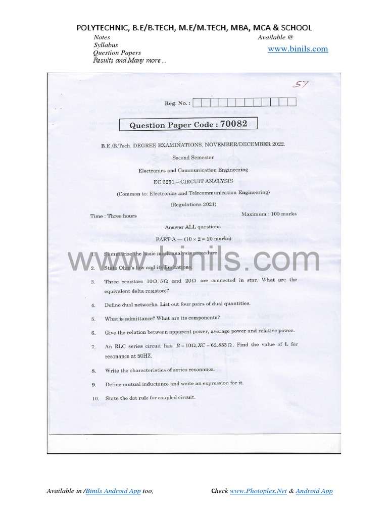 EC 3251 Circuit Analysis Previous Question Paper | PDF