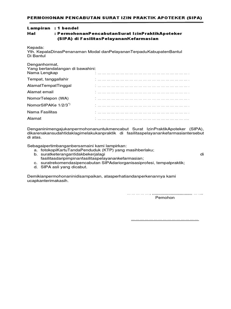 Permohonan Pencabutan Surat Izin Praktik Apoteker (Sipa) | PDF