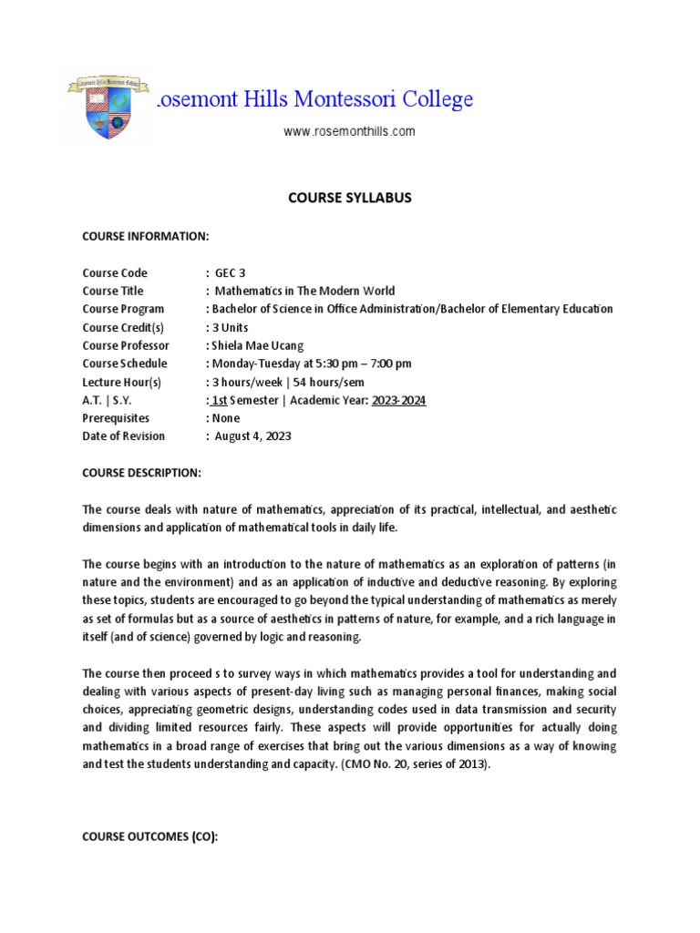 BSOAD1&BEED1-Mathematics-in-the-Modern-World GEC3 | PDF