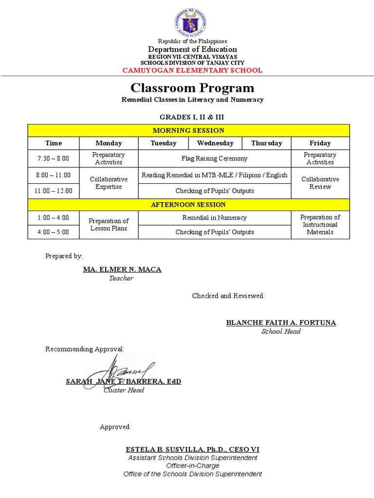 Classroom Program for Remedial Classes | PDF