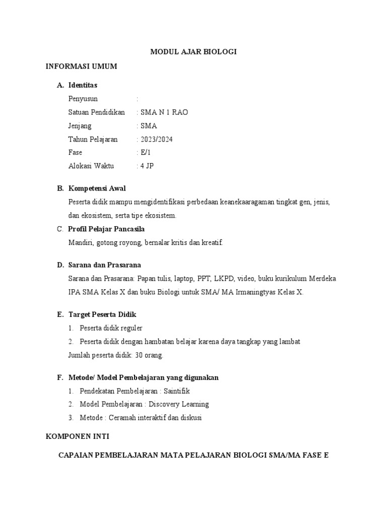 Modul Ajar Biologi Fase e | PDF