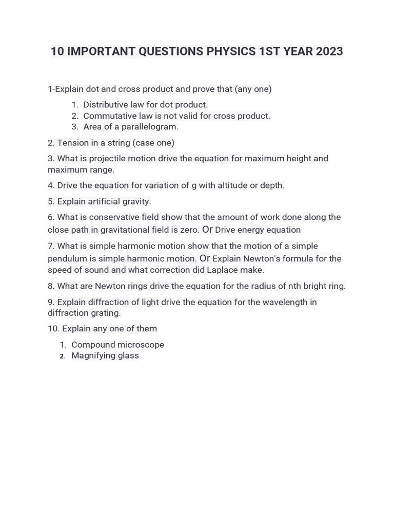 10 IMPORTANT QUESTIONS PHYSICS 1ST YEAR 2023 | PDF