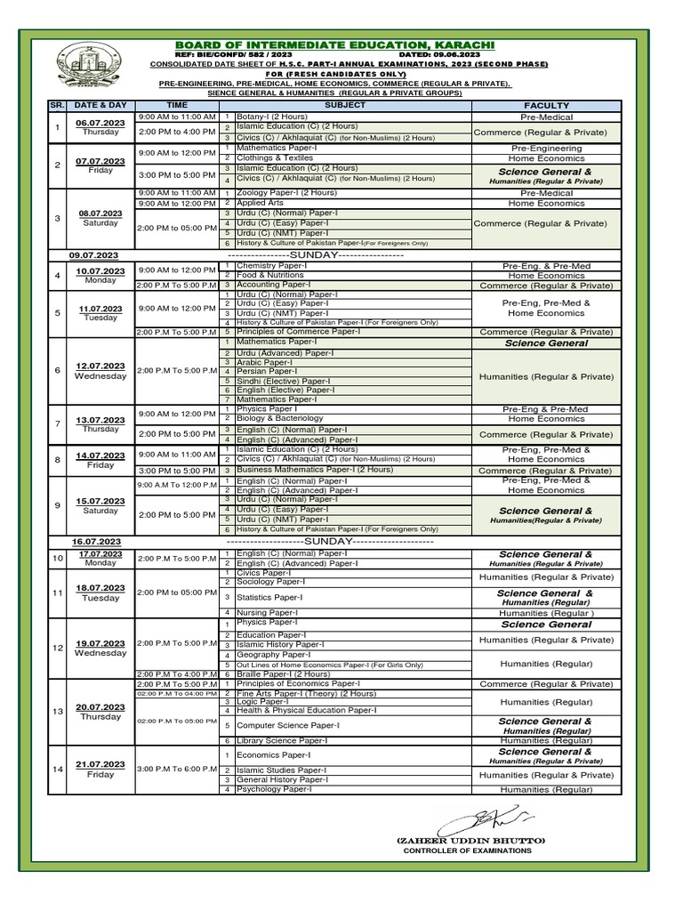 Date Sheet HSC Part-I (2ND Phase) | PDF | Science