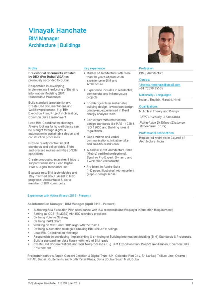 Mr. Vinayak Hanchate - CV BIM PDF | PDF | Building Information Modeling | Autodesk Revit