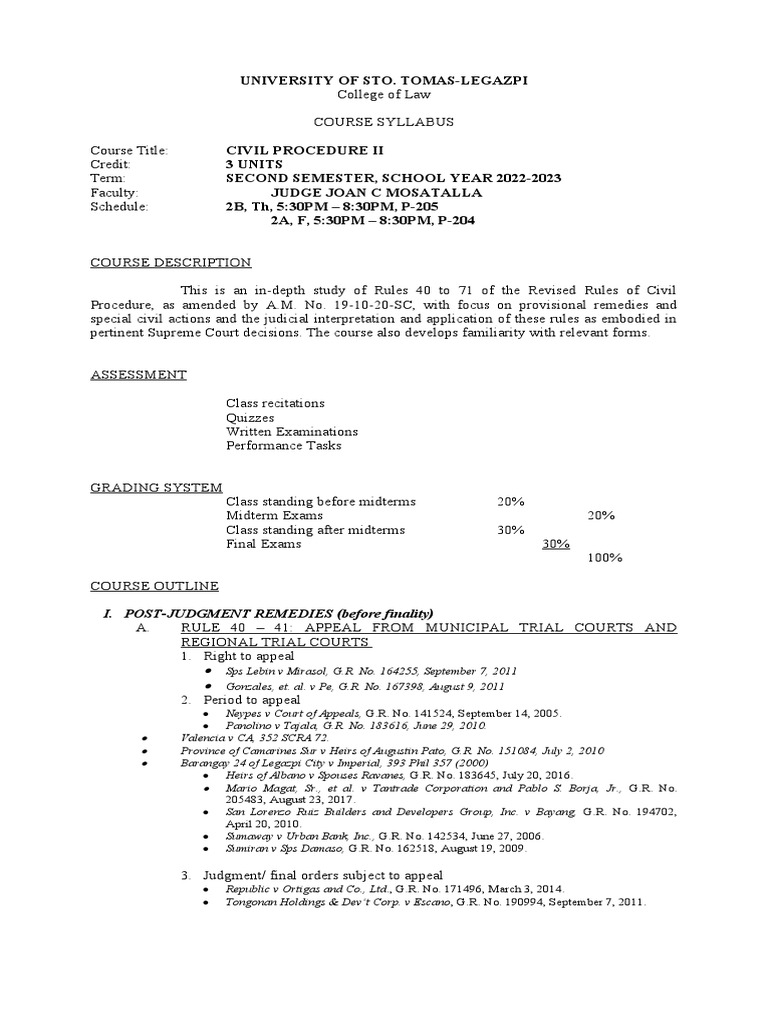 Civil Procedure II Course Syllabus | PDF | Injunction | Foreclosure