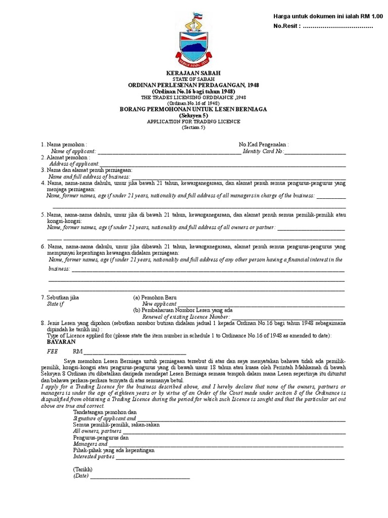 1borang Permohonan Untuk Lesen Berniagaseksyen 5 Ordinan Lesen