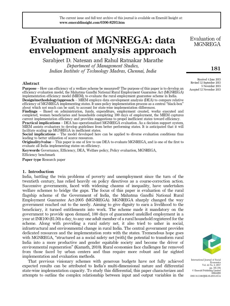 Evaluation of MGNREGA Data Envelopment Analysis Approach | Download Free PDF | Business | Economies