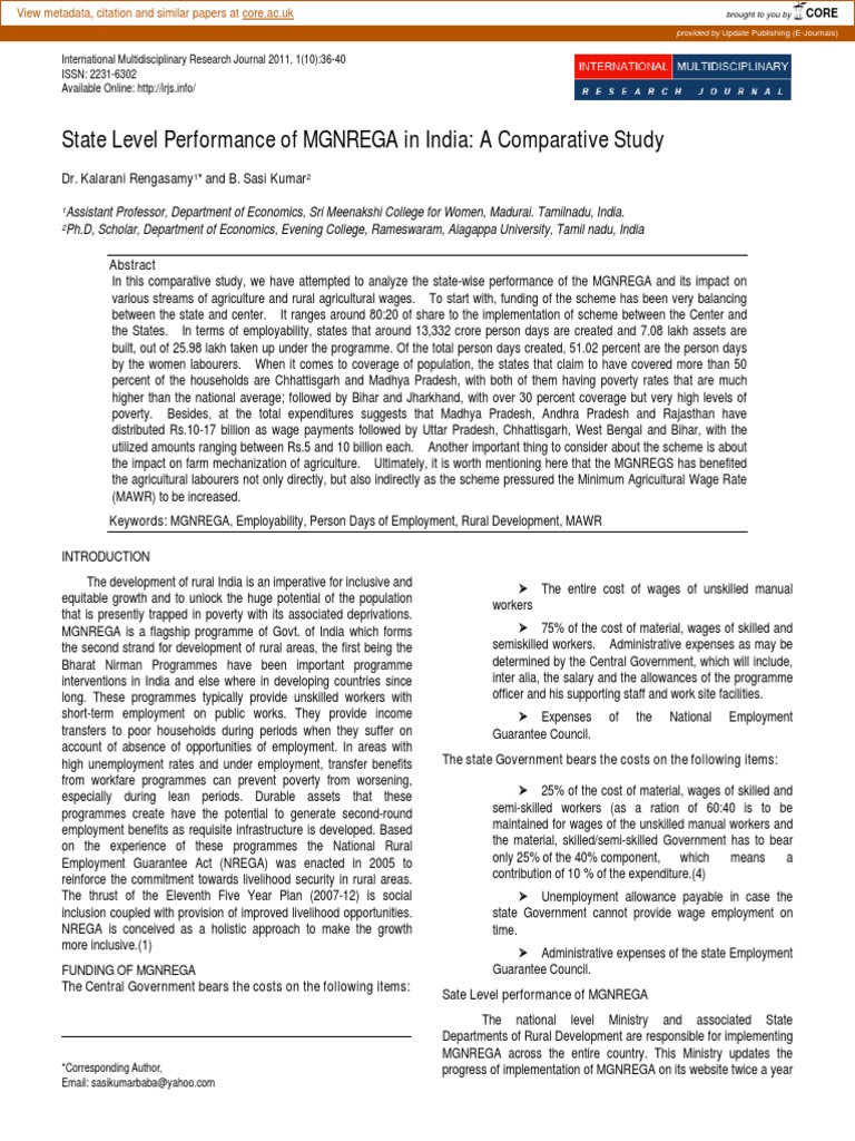 State Level Performance of MGNREGA in India A Comparative Study | PDF | Employment | Labour ...
