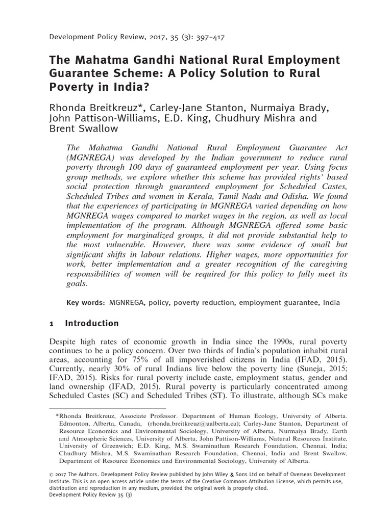 The Mahatma Gandhi National Rural Employment Guarantee Scheme A Policy Solution To Rural Poverty ...