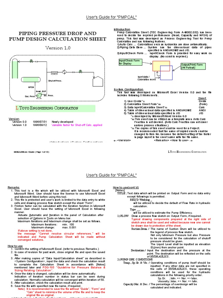 Pump Calculation Tool User Guide | PDF | Pump | Microsoft Excel