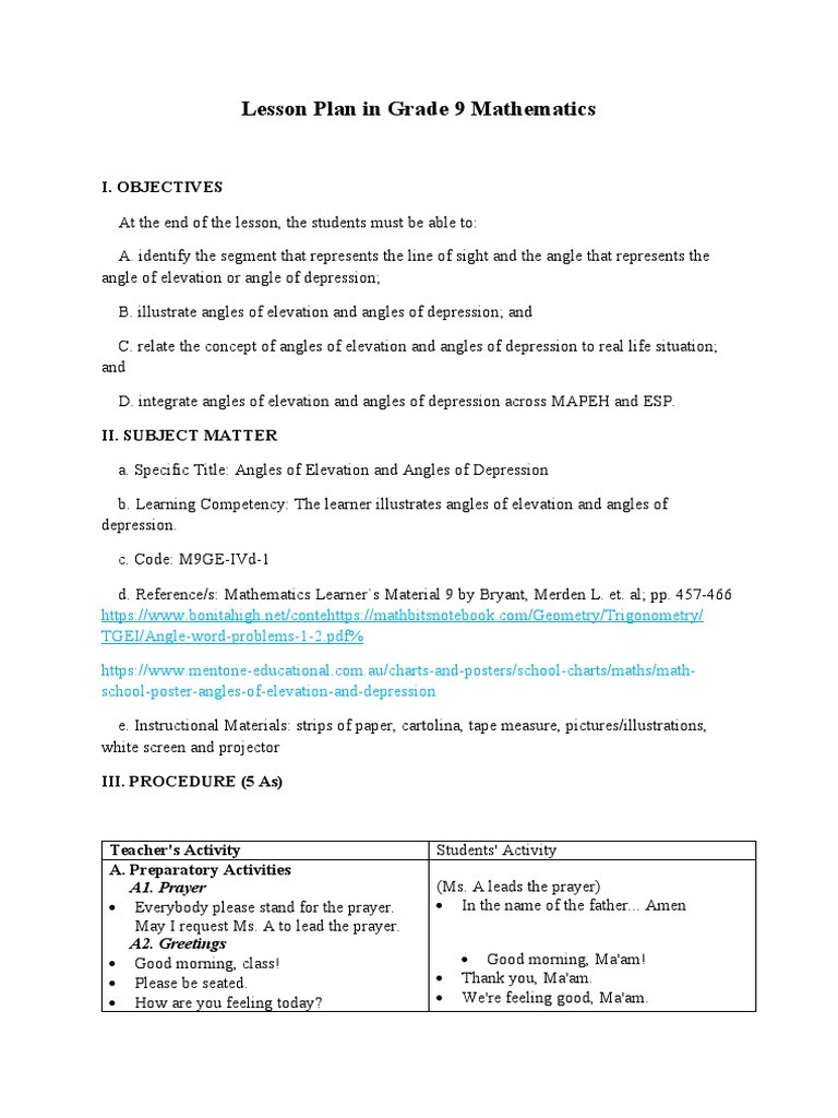 Grade 9 Math: Elevation & Depression | PDF | Trigonometric Functions