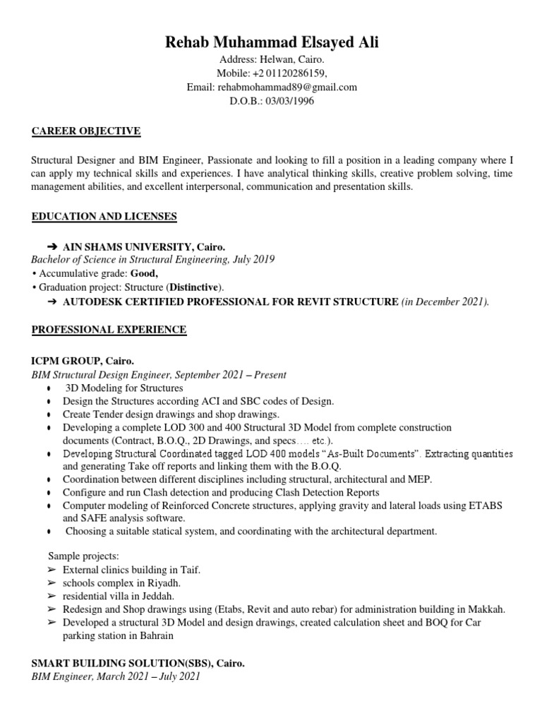 Rehab Muhammad-BIM Engineer PDF | PDF | Building Information Modeling ...