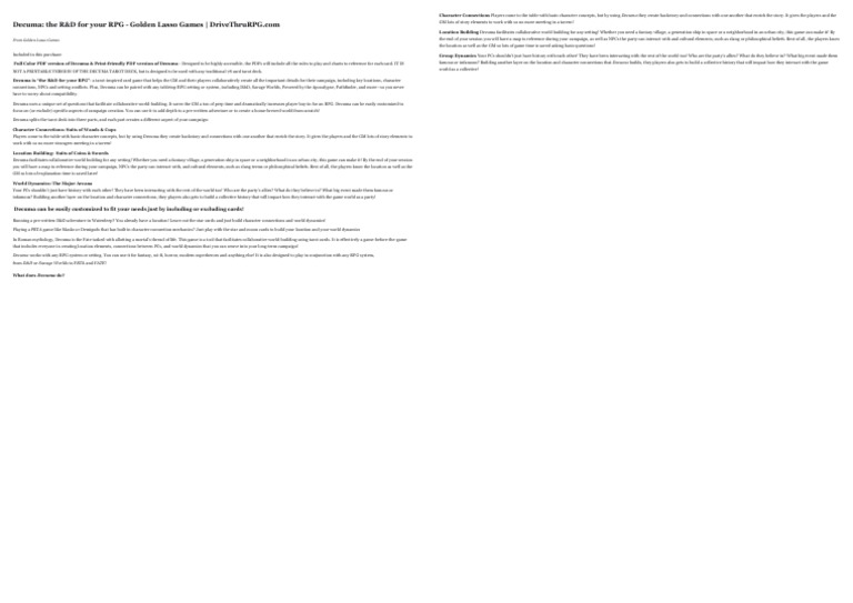 Decuma the R&D for your RPG - Golden Lasso Games DriveThruRPG.com | PDF ...