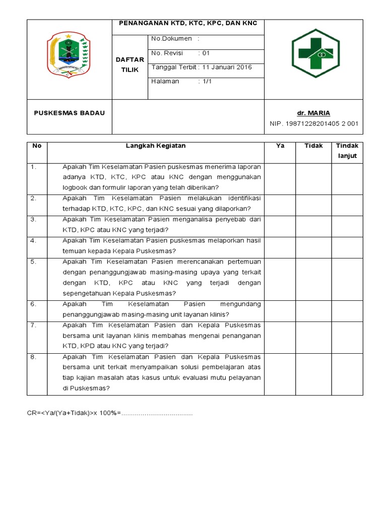 Daftar Tilik Penanganan KTD, KTC, KPC, Dan KNC | PDF