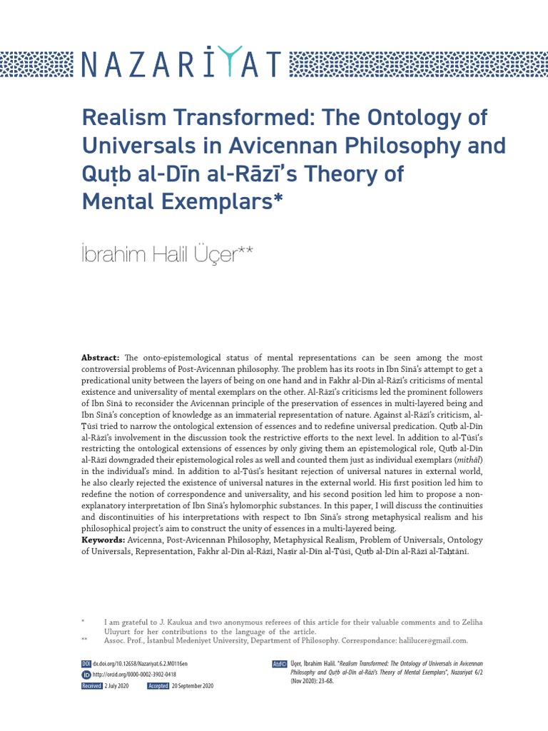 Metafisika - Ontological Realism of Ibn Sina and Qutbuddin Ar-Razi | PDF