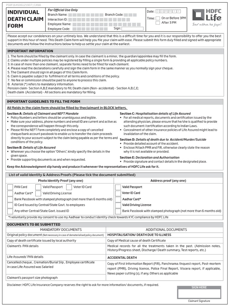 HDFC Life Individual Death Claim Form | PDF | Identity Document | Insurance