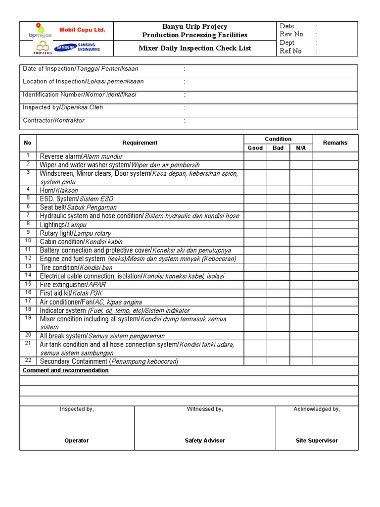 Mixer Daily Inspection Check List Rev 0 | PDF