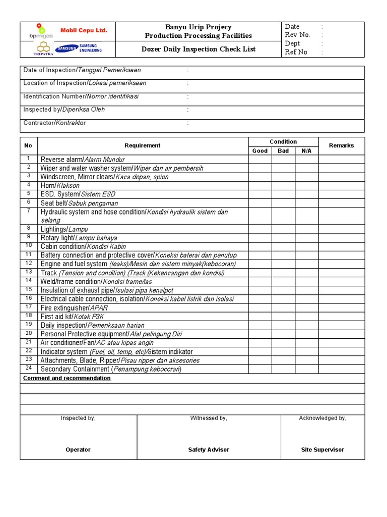 Dozer Daily Inspection Checklist | PDF | Equipment | Manufactured Goods