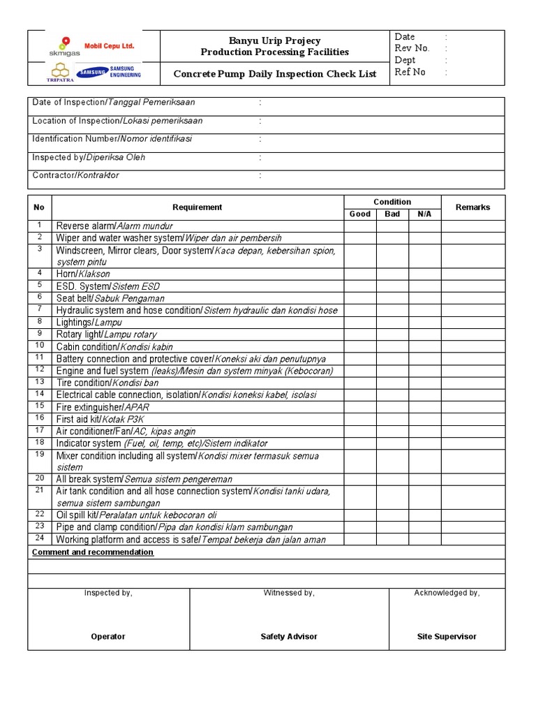 Concrete Pump Daily Inspection Check List Rev 0 | PDF | Equipment ...