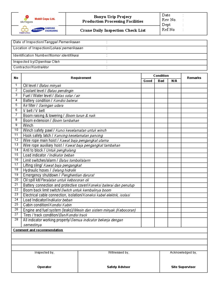 Crane Daily Inspection Check List Rev 0 | PDF | Crane (Machine) | Machines