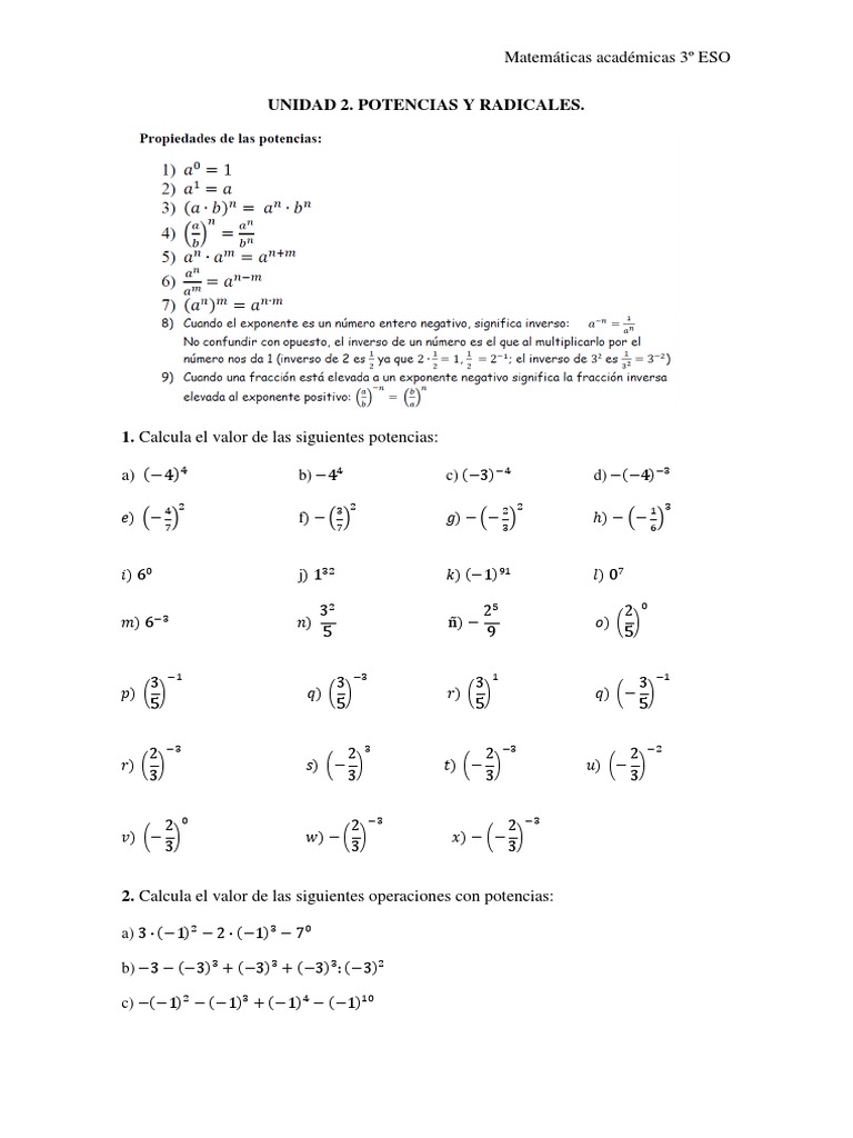 UD2 Potencias - Radicales - Ejercicios | PDF | Matemáticas