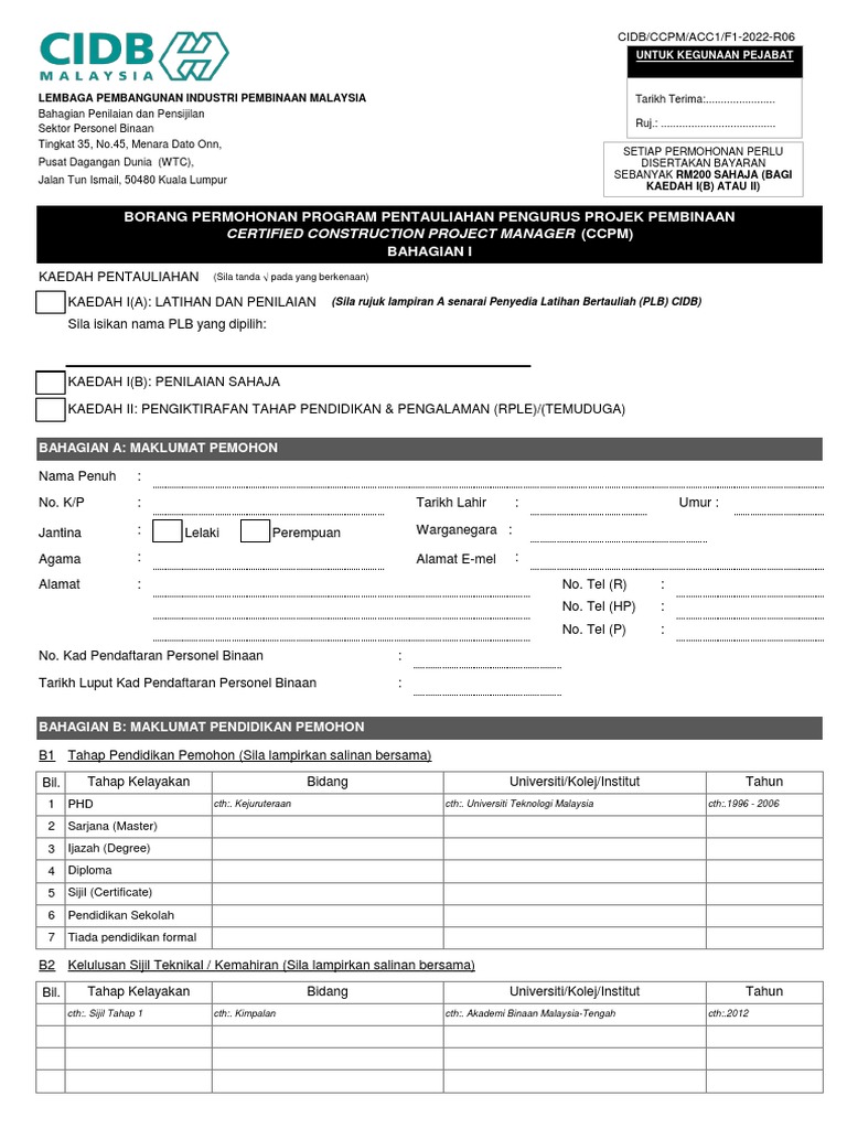 Borang Permohonan Pengurus Projek Pembinaan CCPM R06 | PDF