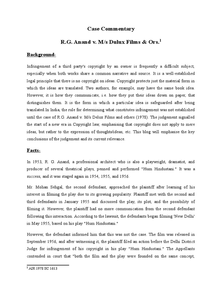 Case Commentary-R.G. Anand v. M.S Dulux Films-01516503519 | PDF ...