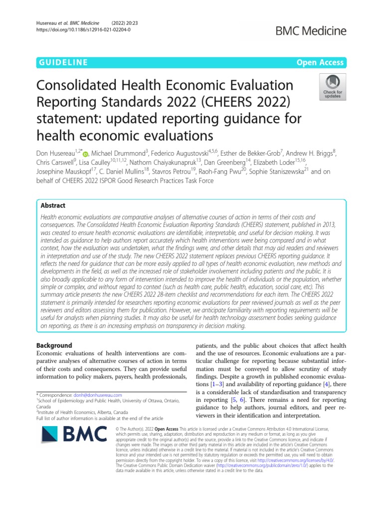Consolidated Health Economic Evaluation Reporting Standards 2022 CHEERS ...