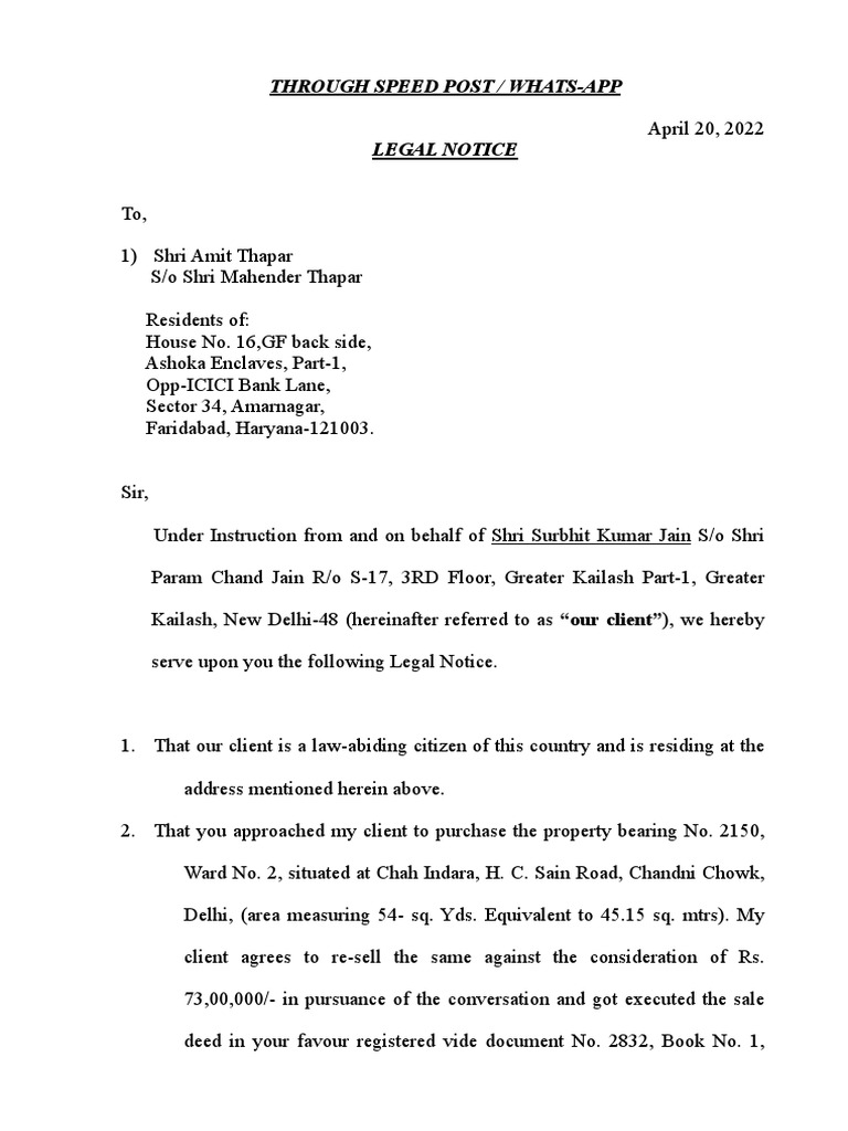 Legal Notice for Property Payment Dispute | PDF
