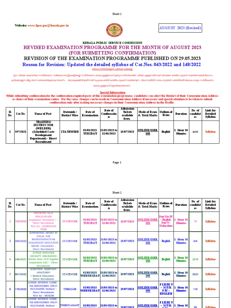Exam Programme August 2023 For Confirmation Modified 0 | PDF
