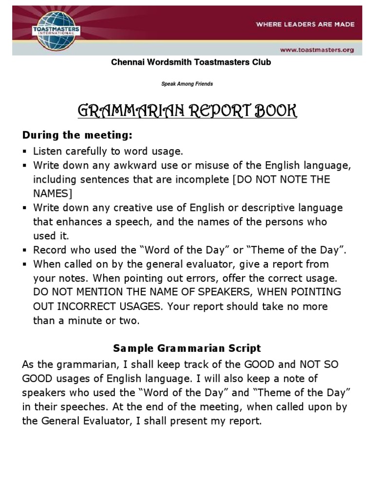 Toastmasters Grammarian Guide | PDF | Career & Growth