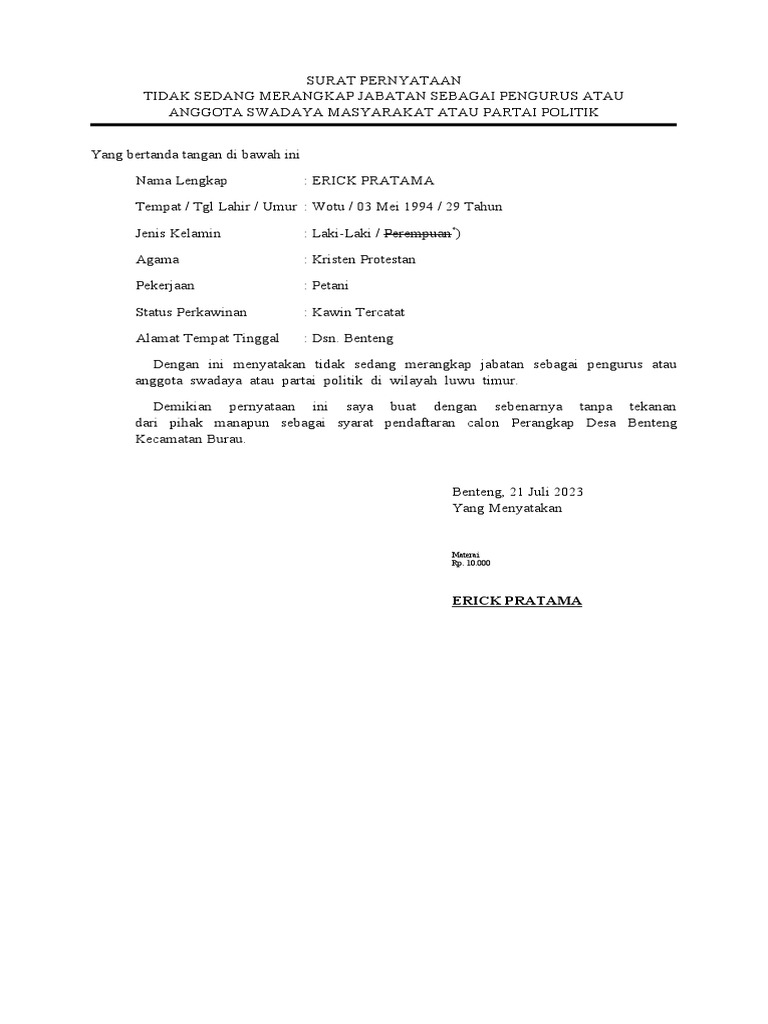 Surat Pernyataan Menjadi Aparat Desa Benteng | PDF
