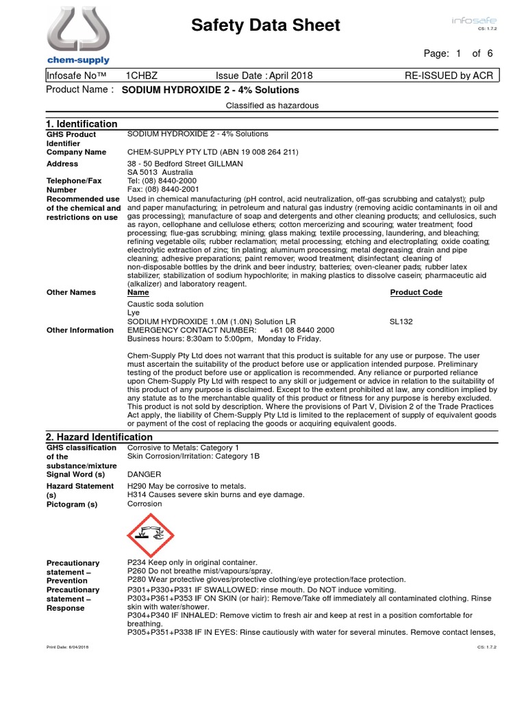 SDS-Sodium Hydroxide 1.0M-ChemSupply | PDF | Personal Protective ...