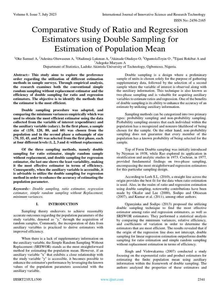 Comparative Study of Ratio and Regression Estimators Using Double Sampling For Estimation of ...