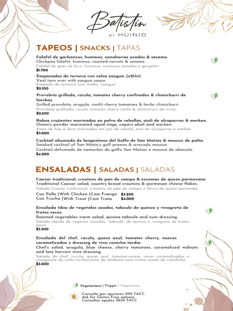 Menu do Restaurante Tramonti | PDF | Alimentos | Culinária